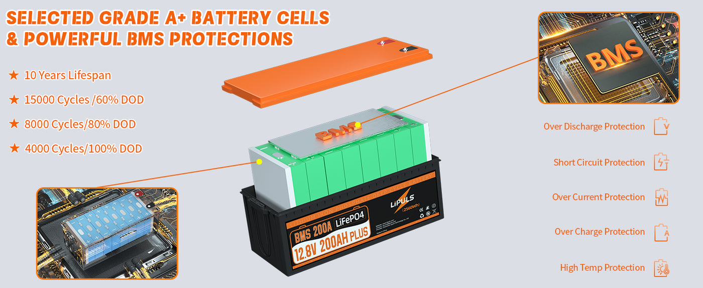 LIPULS 12V 200Ah Plus Lithium LiFePO4 Battery - Enhanced Power for ...